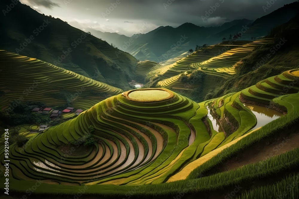 Muchangchai, Vietnam has terraced green rice fields. Northwest Vietnam ...