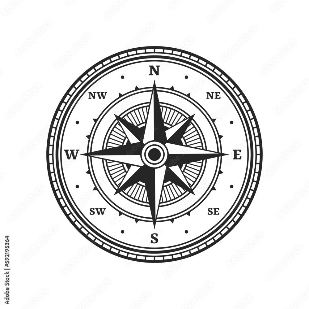 Old Compass Vintage Map Wind Rose Isolated Vector Medieval Nautical
