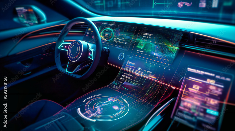 A futuristic image of a car dashboard situated on a digital circuit ...