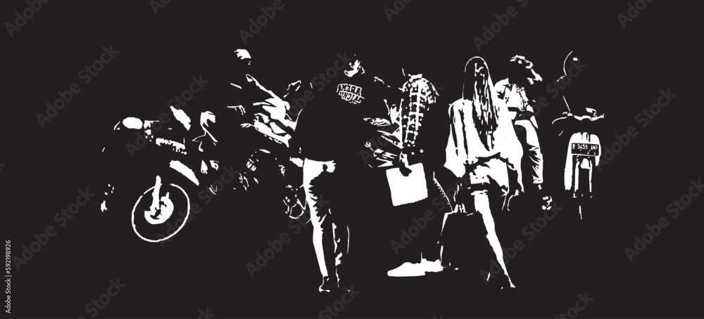 Digital illustration of motorcycle taxi base and prospective passengers ...