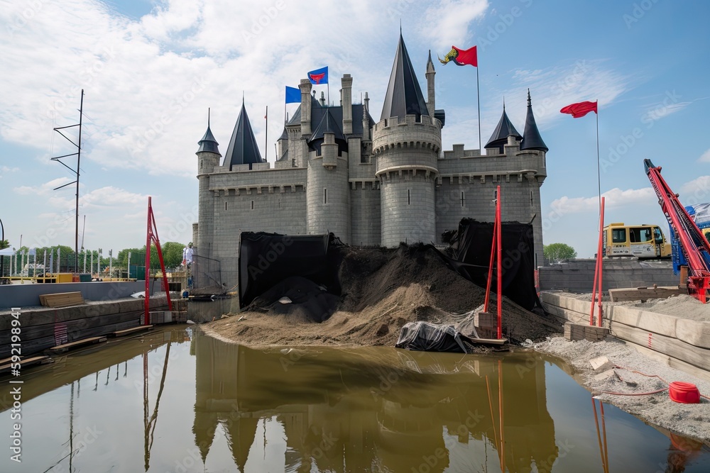 sinkhole in front of majestic castle, with drawbridge lowered and flags ...