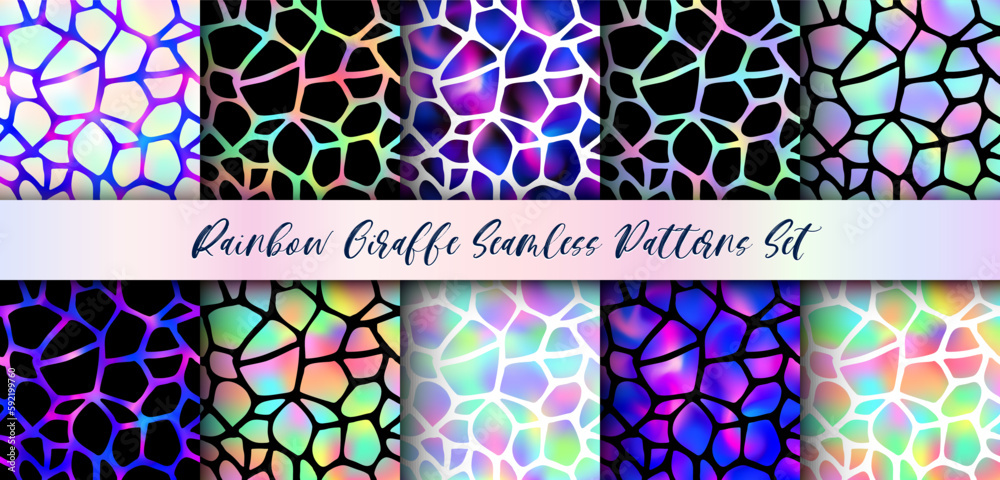 Trendy Rainbow Giraffe seamless patterns set. Vector gradient wild ...