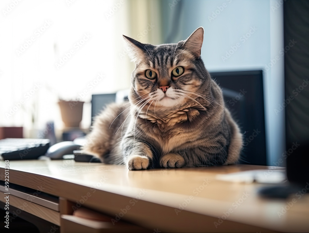A fat cat is sitting at the office table in front Calico maine coon cat ...