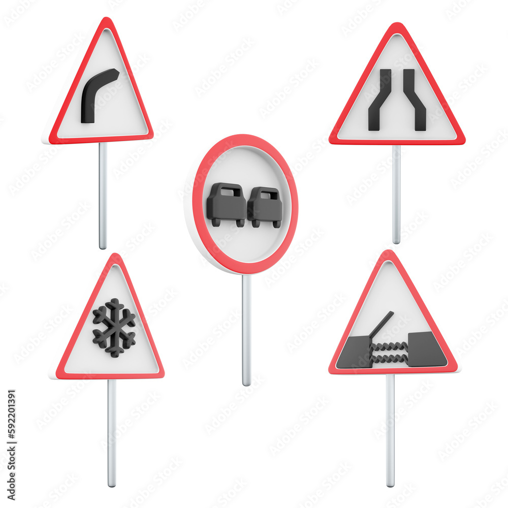 3d rendering road narrows, no overtaking, drawbridge, dangerous right ...