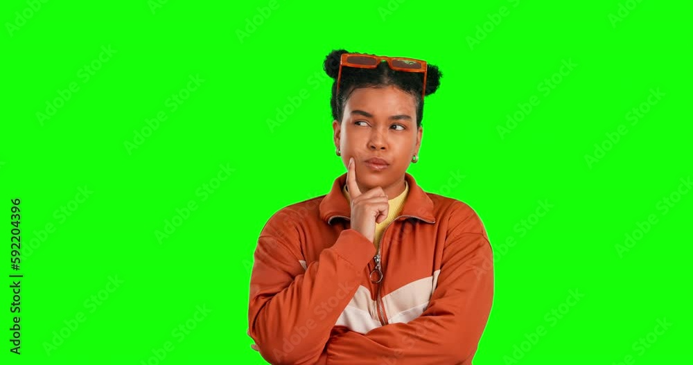 Vidéo Stock Confused, thinking and idea with woman on green screen for ...