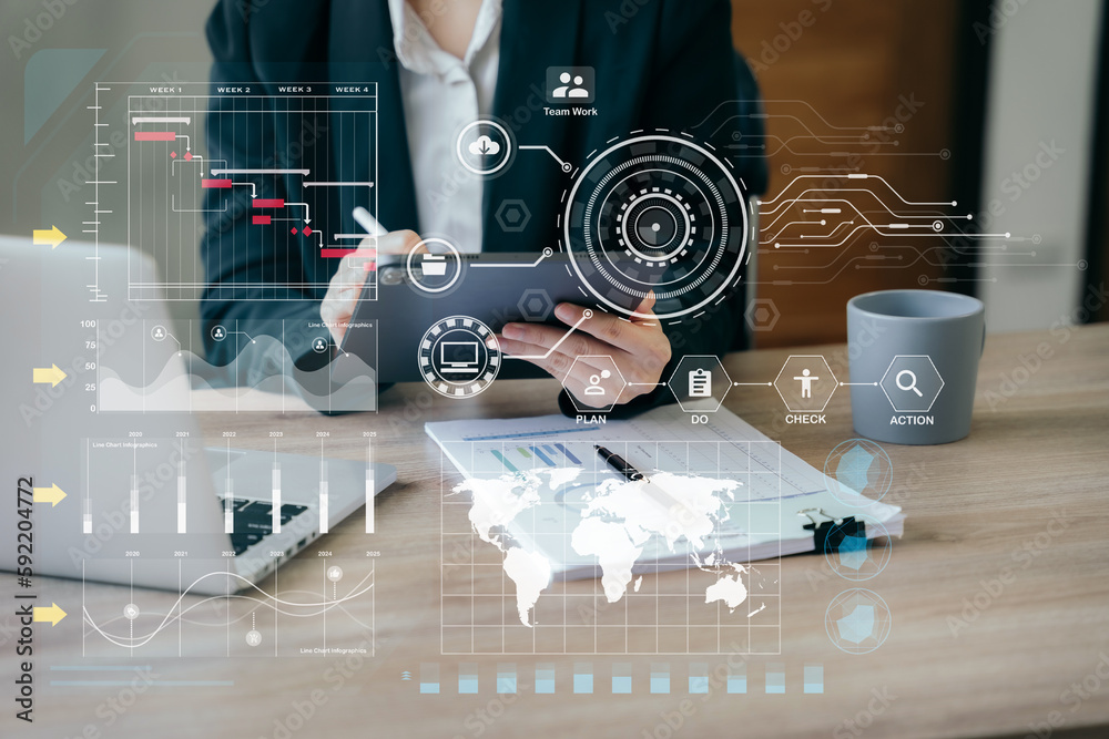 Business woman hand Project manager working and update tasks and Gantt ...