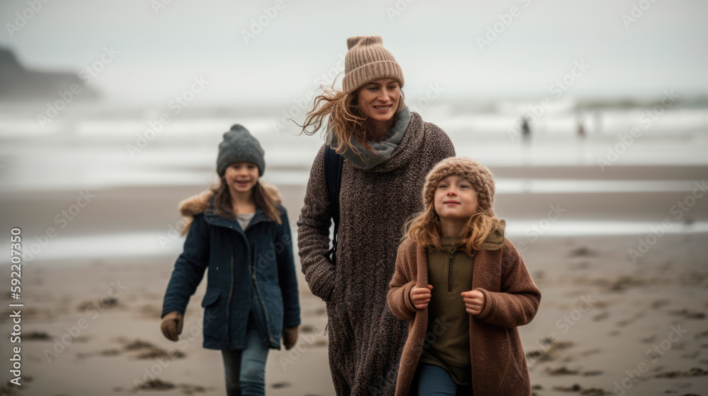 Cute monoparental family walking together on the beach sand in winter ...