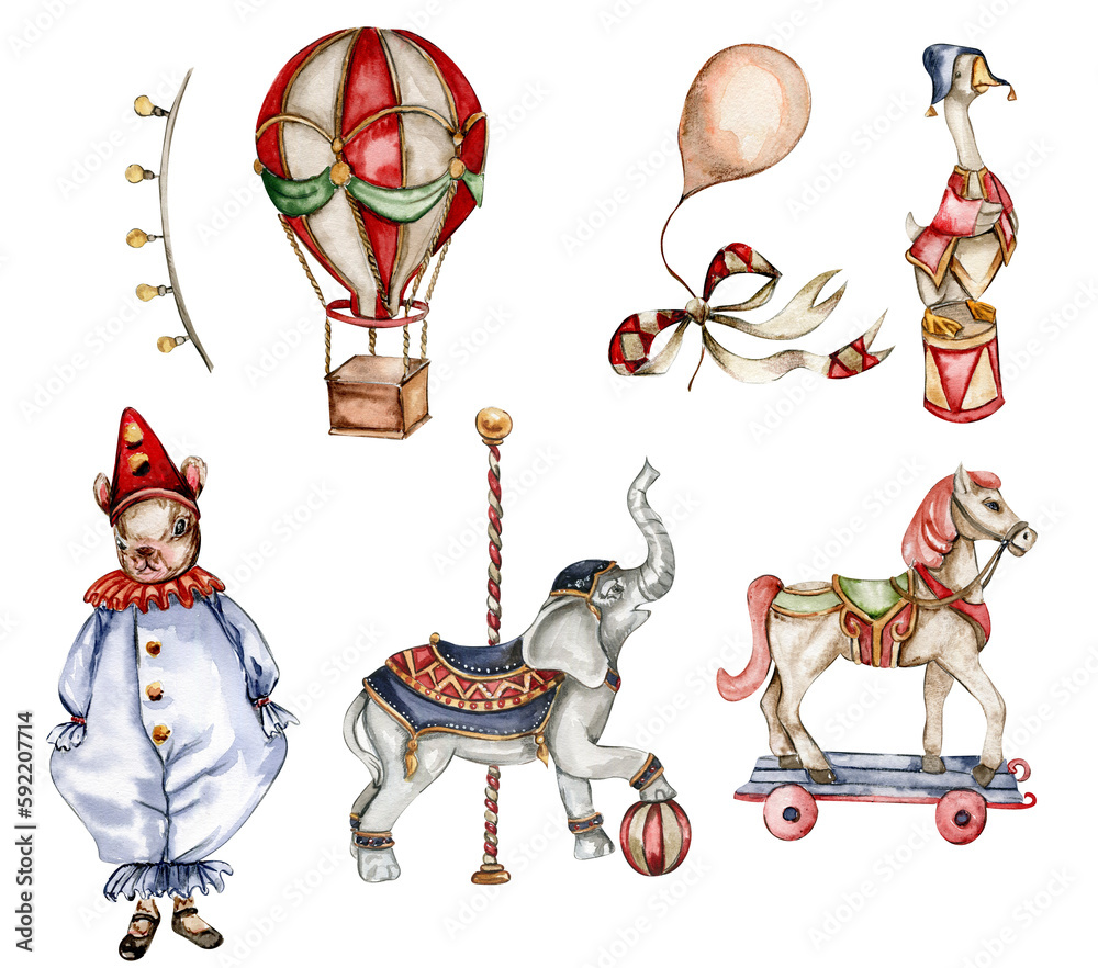Watercolor circus set of elements in vintage style. Perfect for wedding ...