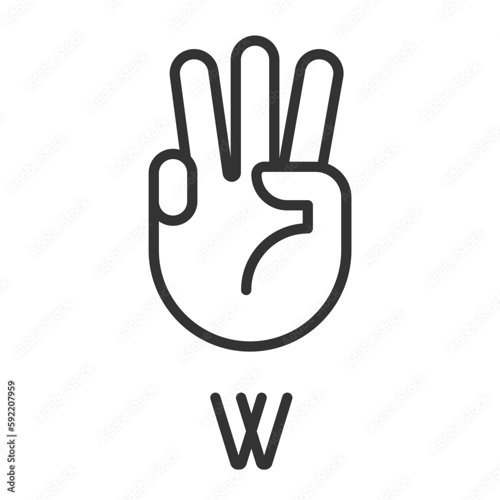 Letter W in American sign language pixel perfect linear icon. Nonverbal ...