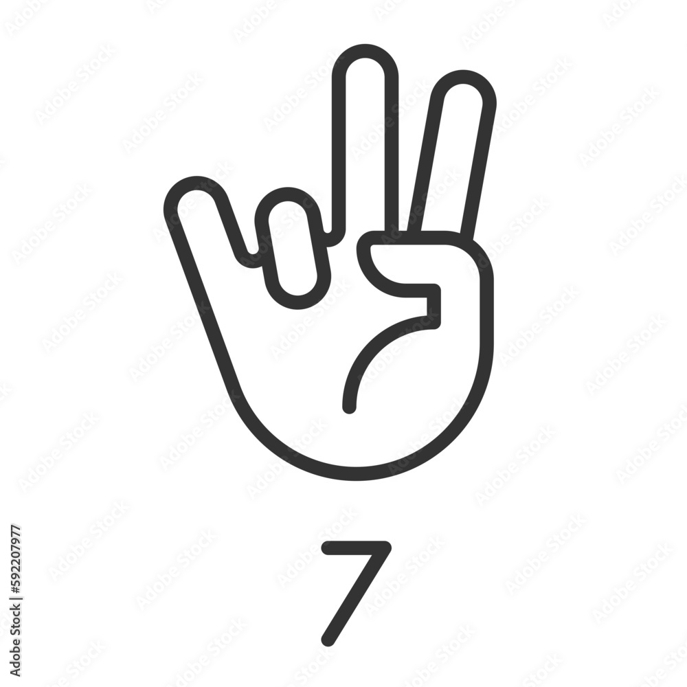 Digit seven sign in ASL pixel perfect linear icon. Number visual ...