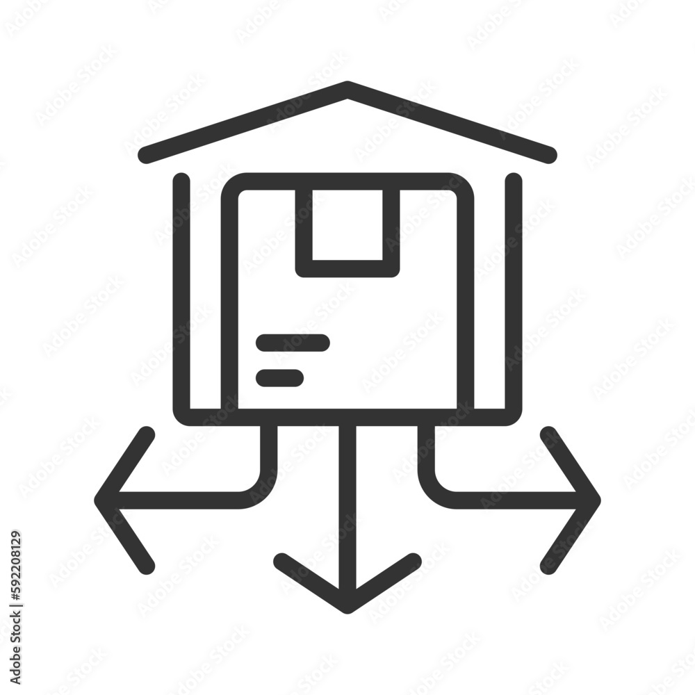 Distribution center pixel perfect linear icon. Warehouse with products ...