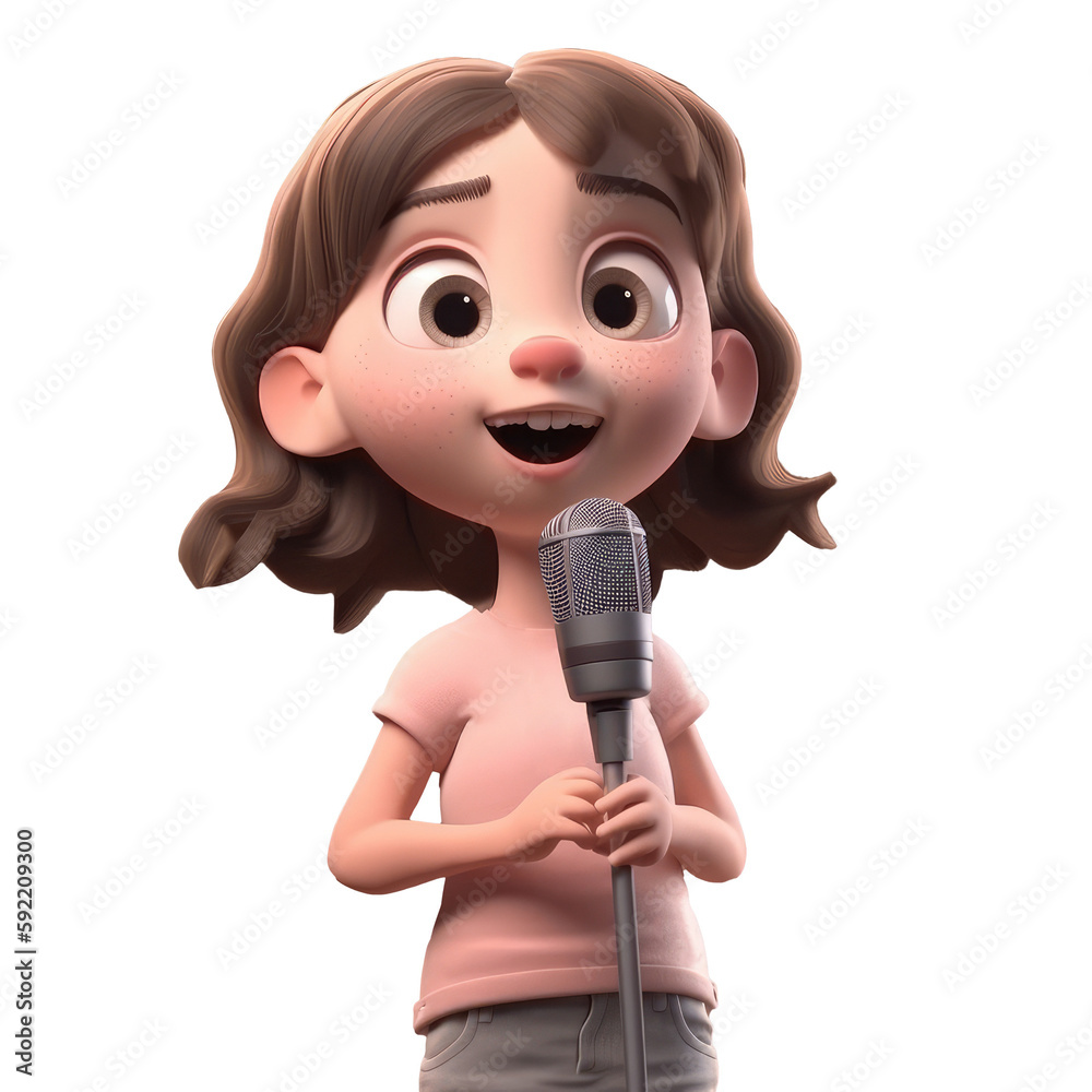 Cute 3d icon people happy little kid girl sing a song karaoke character ...