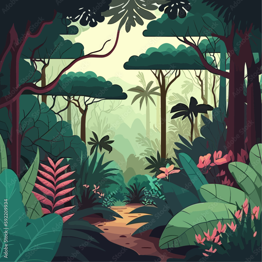 Beautiful tropical forest landscape.Vector illustrations. Stock Vector ...