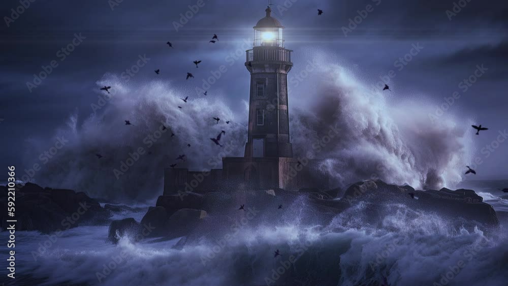 animation - Storm with big waves over the lighthouse at the ocean Stock ...