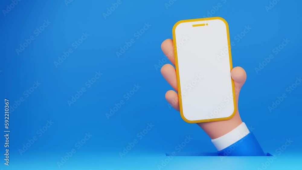 3D mobile in hand on blue background with free space. Cartoon hand with ...
