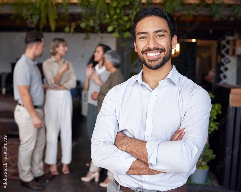 Portrait, smile and a professional business man in the office, standing ...