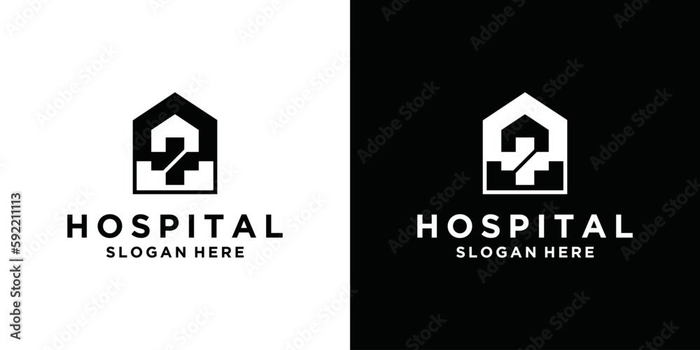 Hospital Logo. House with Plus Sign Combination isolated on black and ...