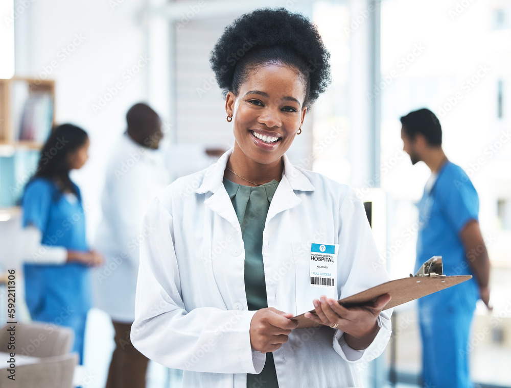 Clipboard, portrait and black woman doctor with healthcare service ...