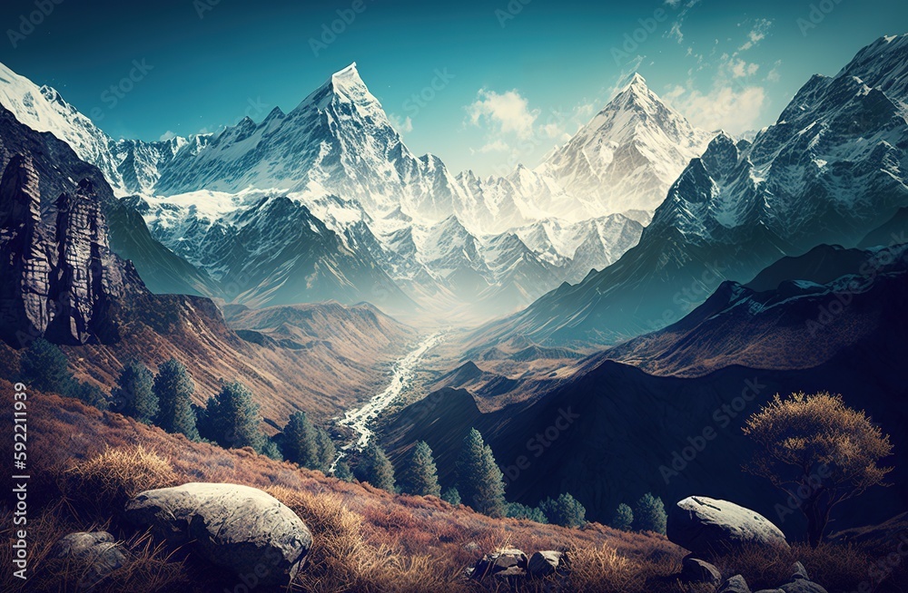 ภาพประกอบสต็อก The magnificent vista of the Himalayas and canyons ...