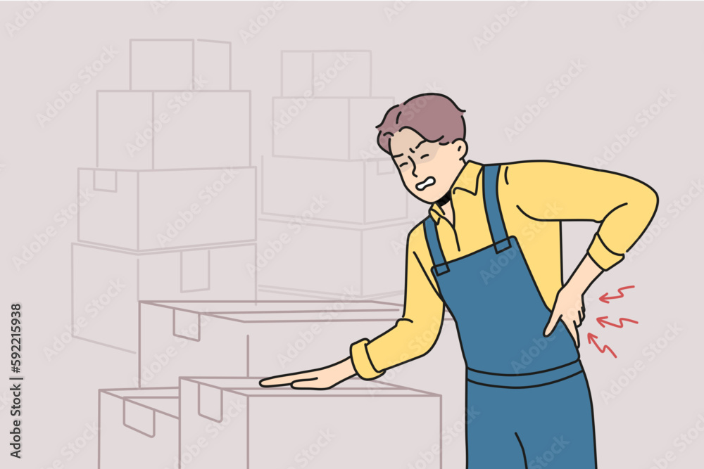 Sick man in uniform suffer from backache working in warehouse with ...