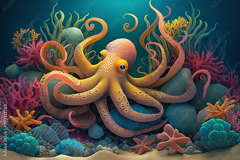 Colorful Cartoon Illustration of Beautiful Octopus, Coral Reefs, and ...