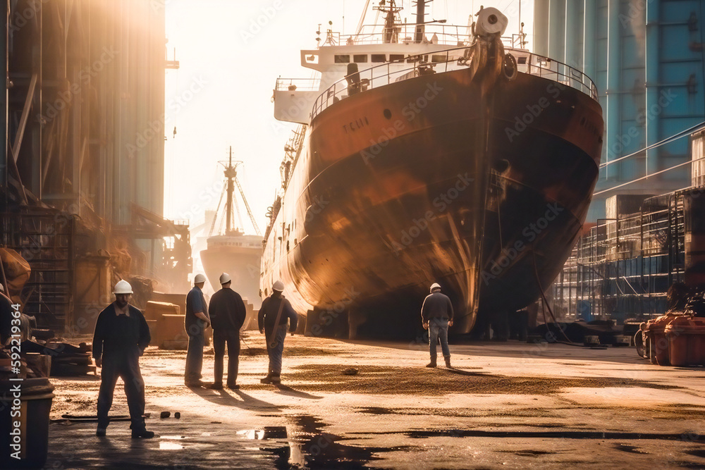 Shipyard workers with a ship under construction in background. Created ...