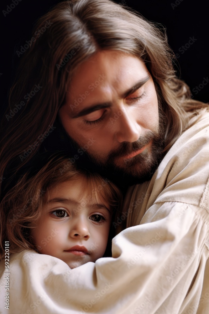 A fraternal hug of Jesus Christ our Saviour to a cute innocent child ...