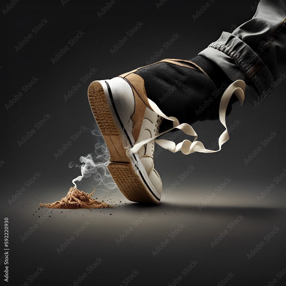Foot kicking tobacco cigarette away, photorealistic, epic composition ...