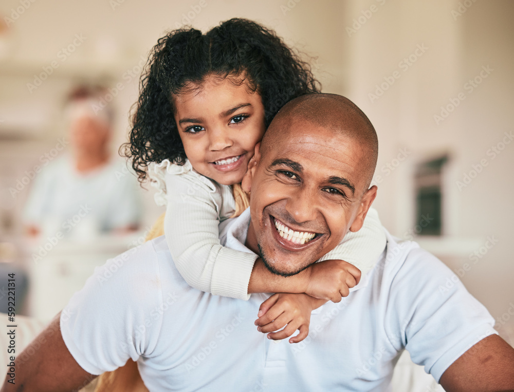Home portrait, father and kid hug dad, papa or parents for fathers day ...