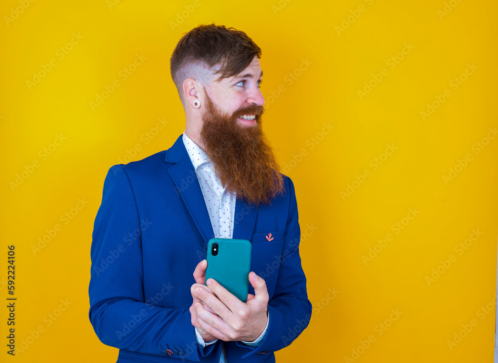 Copyspace photo of red haired man wearing blue suit over yellow studio background stupor with ...