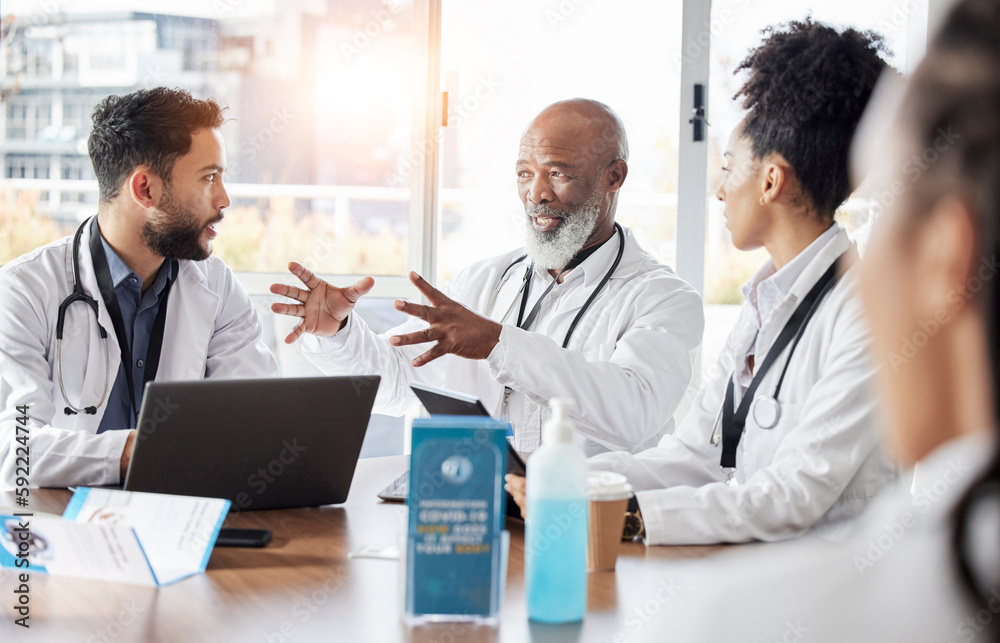 Medical team, meeting and doctor speaker in a hospital conference room ...