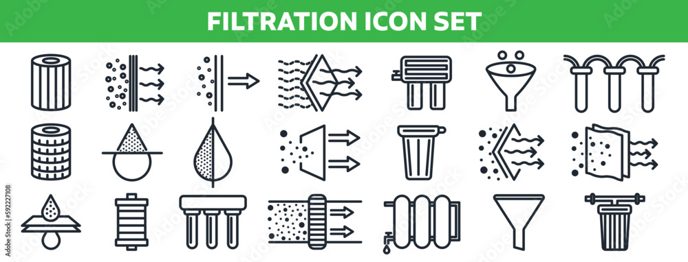 Vetor de filtration icon set. air purification sign. clean water plant ...
