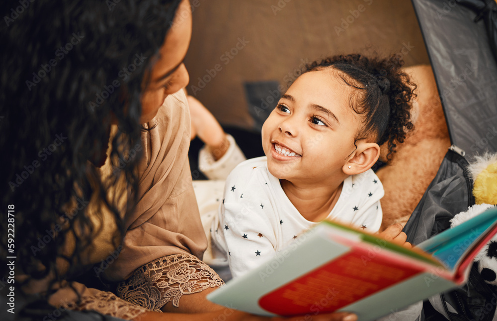 Happy family, mother or child reading story book, cartoon comic books ...