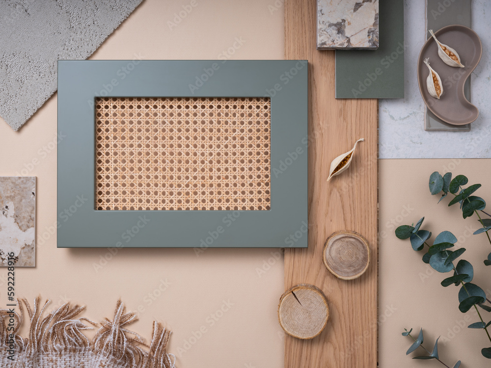 Creative flat lay composition with textile and paint samples, panels ...