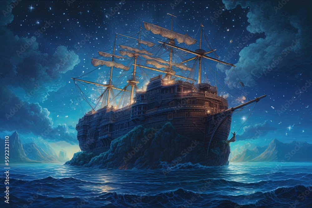 colossus frigate ship sailing in ocean under starfield night sky ...