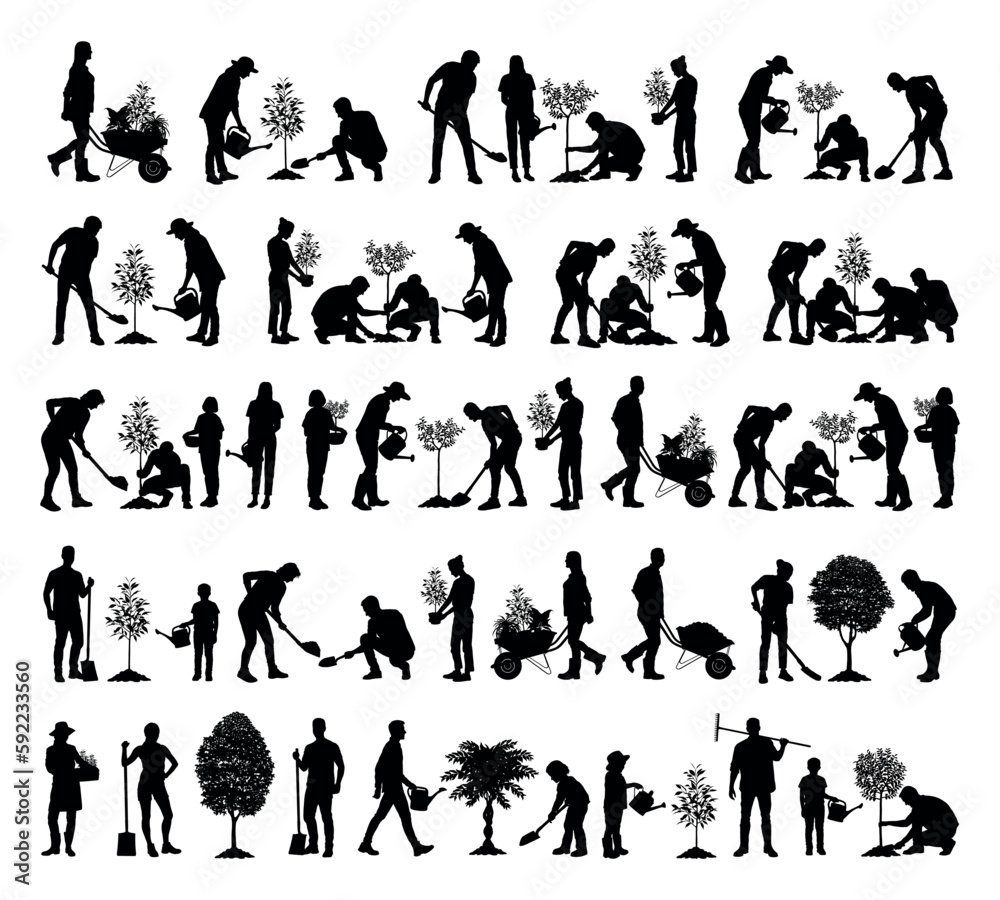 People planting trees silhouette set. Family gardening outdoor ...