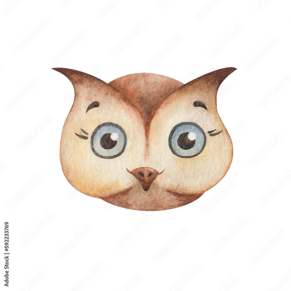 Watercolor illustration. Hand painted brown owl bird with big blue eyes ...