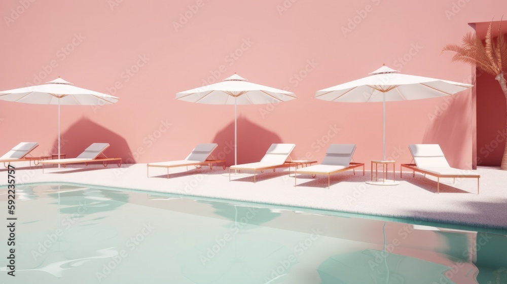 Pastel Colored vacation concept. Swimming Pool scene with sun loungers ...