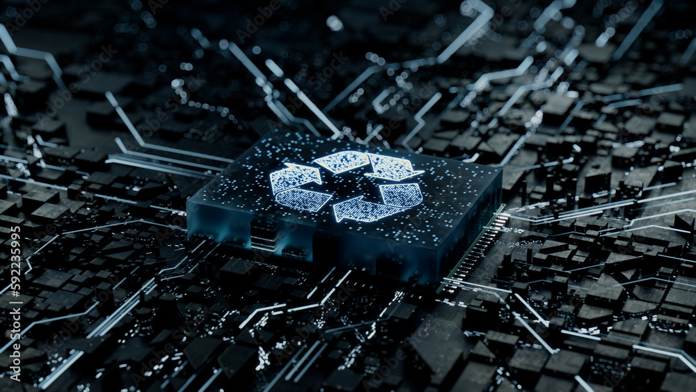 Eco Technology Concept with recycle symbol on a Microchip. Data flows ...