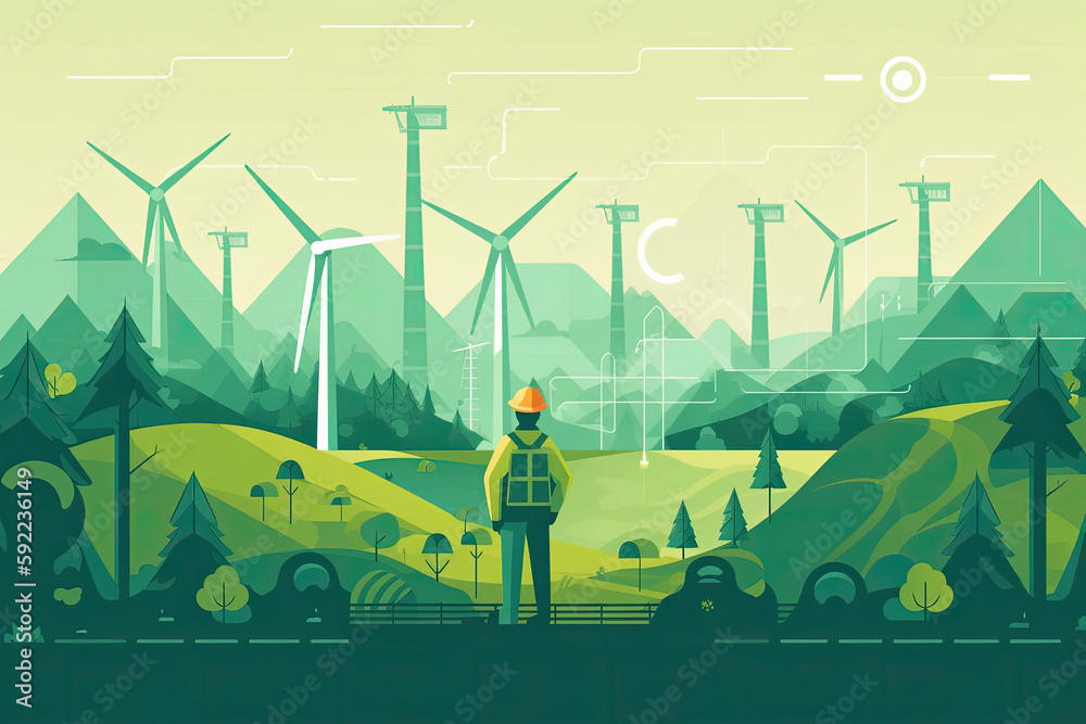 electrical engineer working on a renewable energy project, wind turbine ...