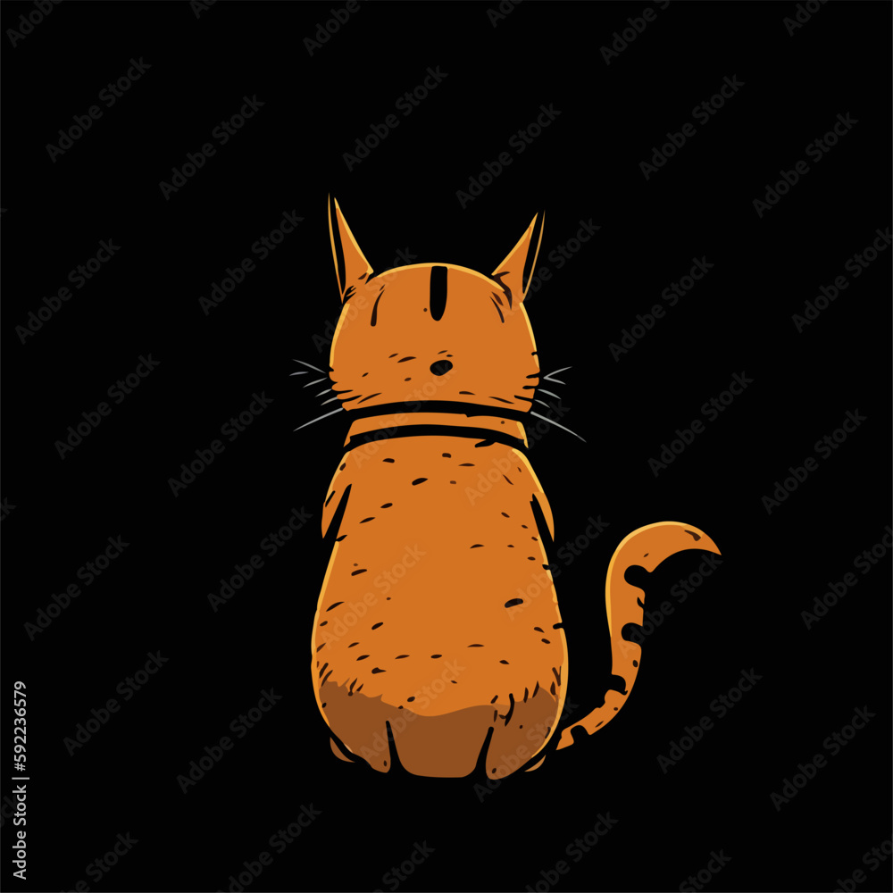 Cartoon cat sitting with his back on a black background. Vector ...