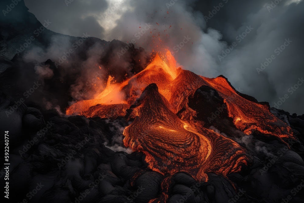 volcanic eruption with lava flow cascading down the side of a mountain ...