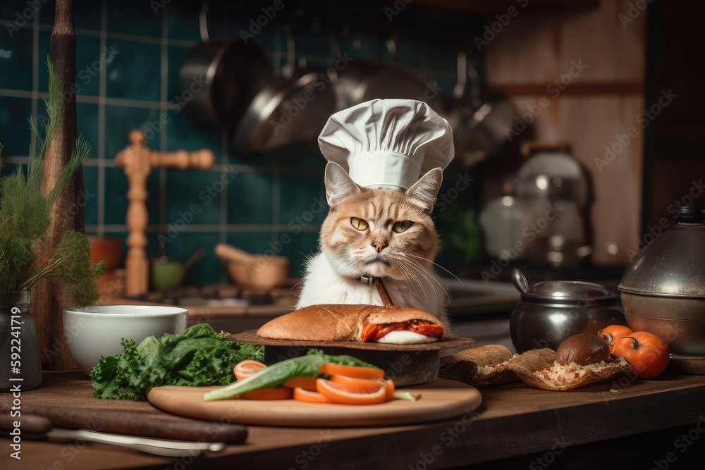 cat chef, wearing a stylish toque and an apron, cooking up a delicious ...