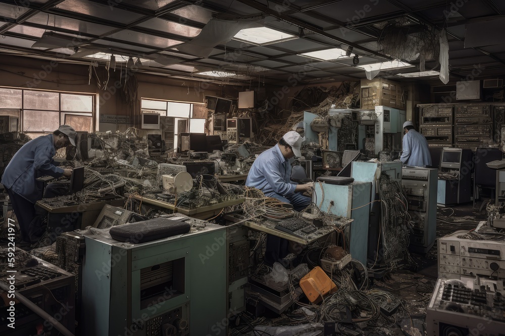 e-waste recycling plant, with workers breaking down and sorting various ...