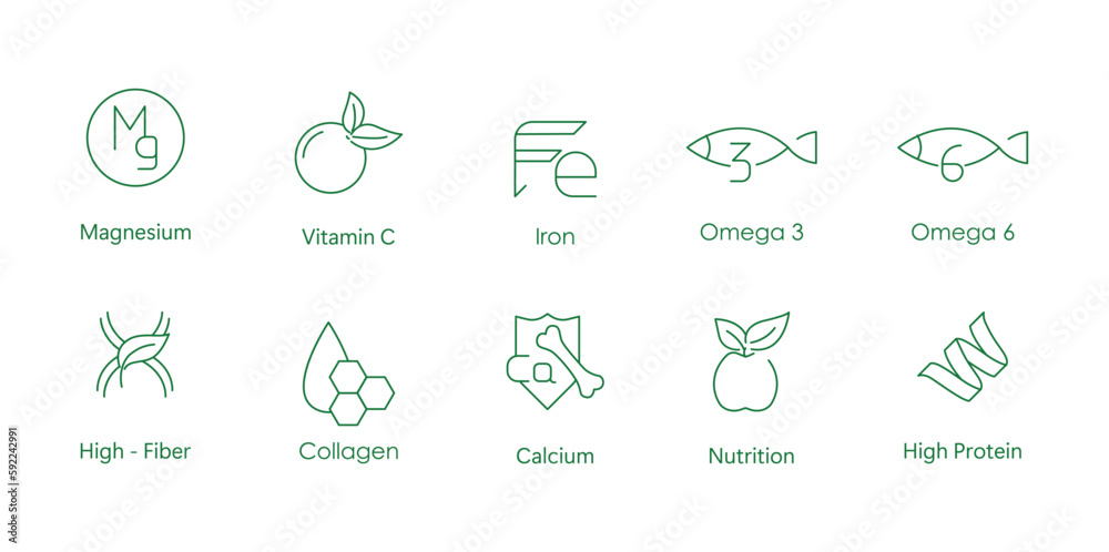 Vetor de magnesium, vitamin c, iron, omega 3, omega 6, high fiber ...