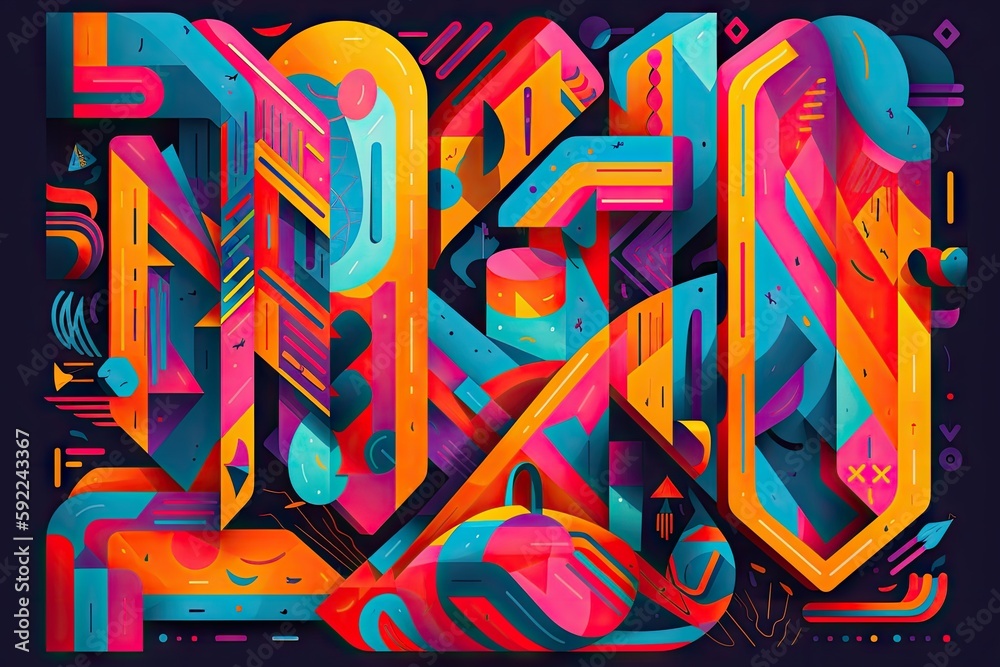 psychedelic typography and lettering of geometric shapes, with vibrant ...