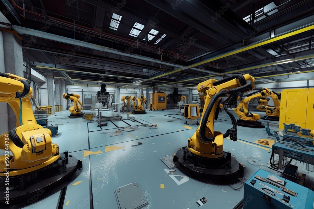 virtual reality simulation of factory floor, with robots performing ...
