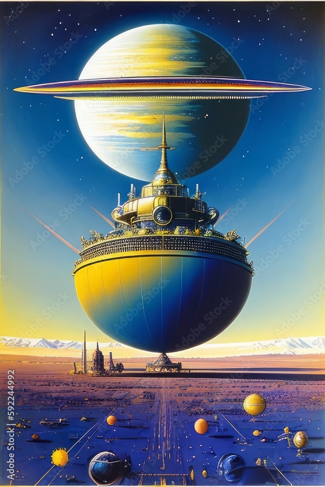 Giant radioactive towering astrolabe, alien world, space station ...