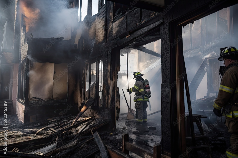firefighters douse flames and search for any remaining fire hot spots ...