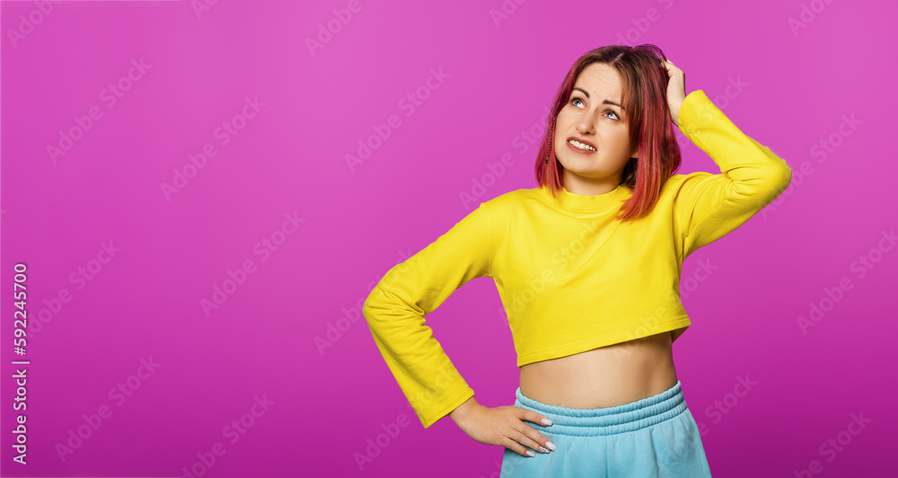 Young woman feeling confused scratching back of head clueless making ...